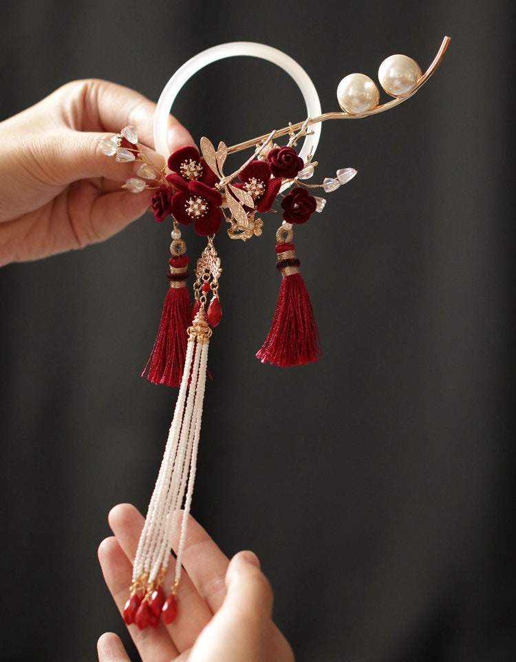 Bride Hair Stick Vintage Chinese Hair Fork Red Hair - Etsy