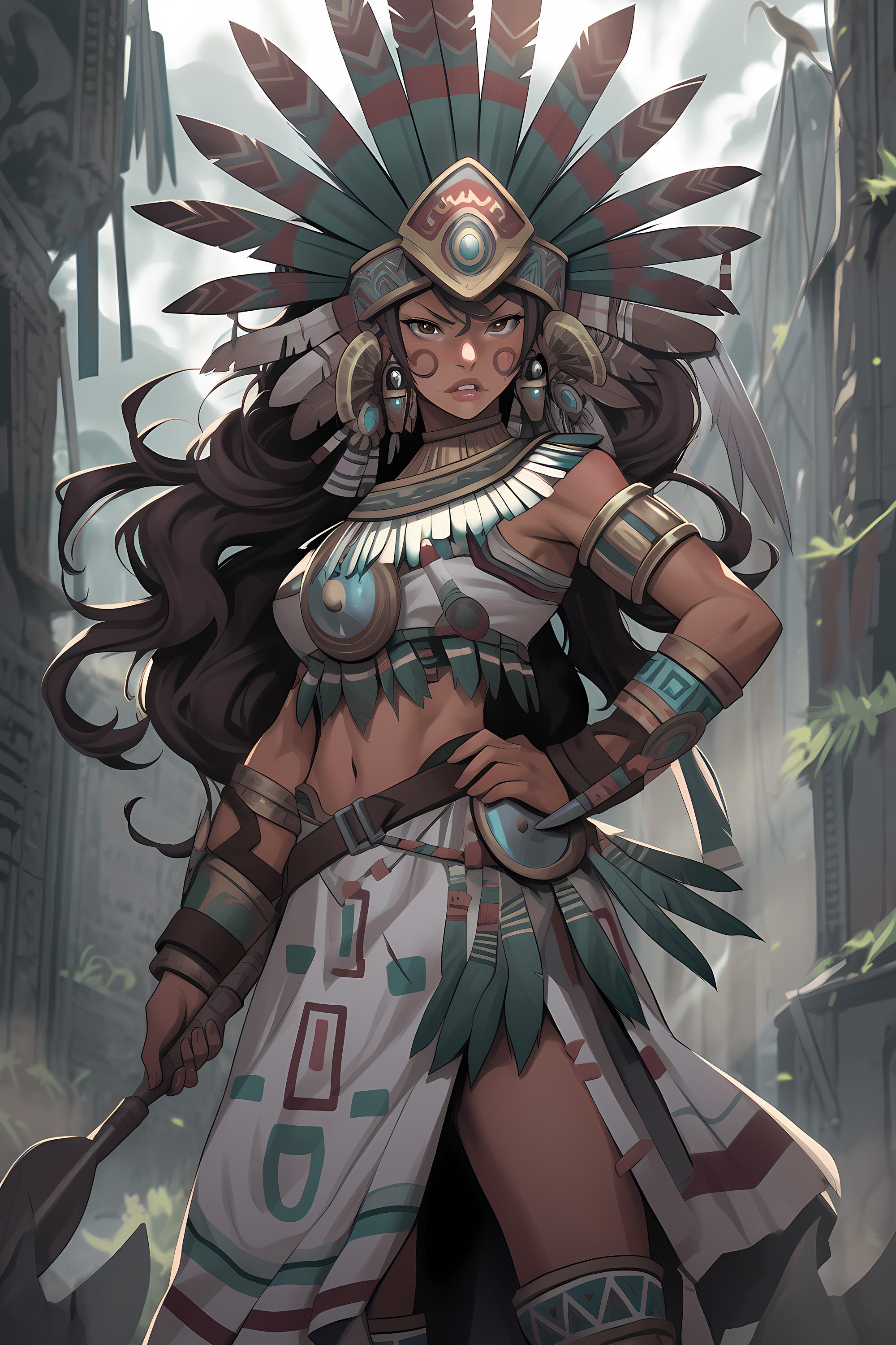 Aztec Warrior Woman Digital Artwork Anime Art Style Fierce Fighter T For Anime Fan