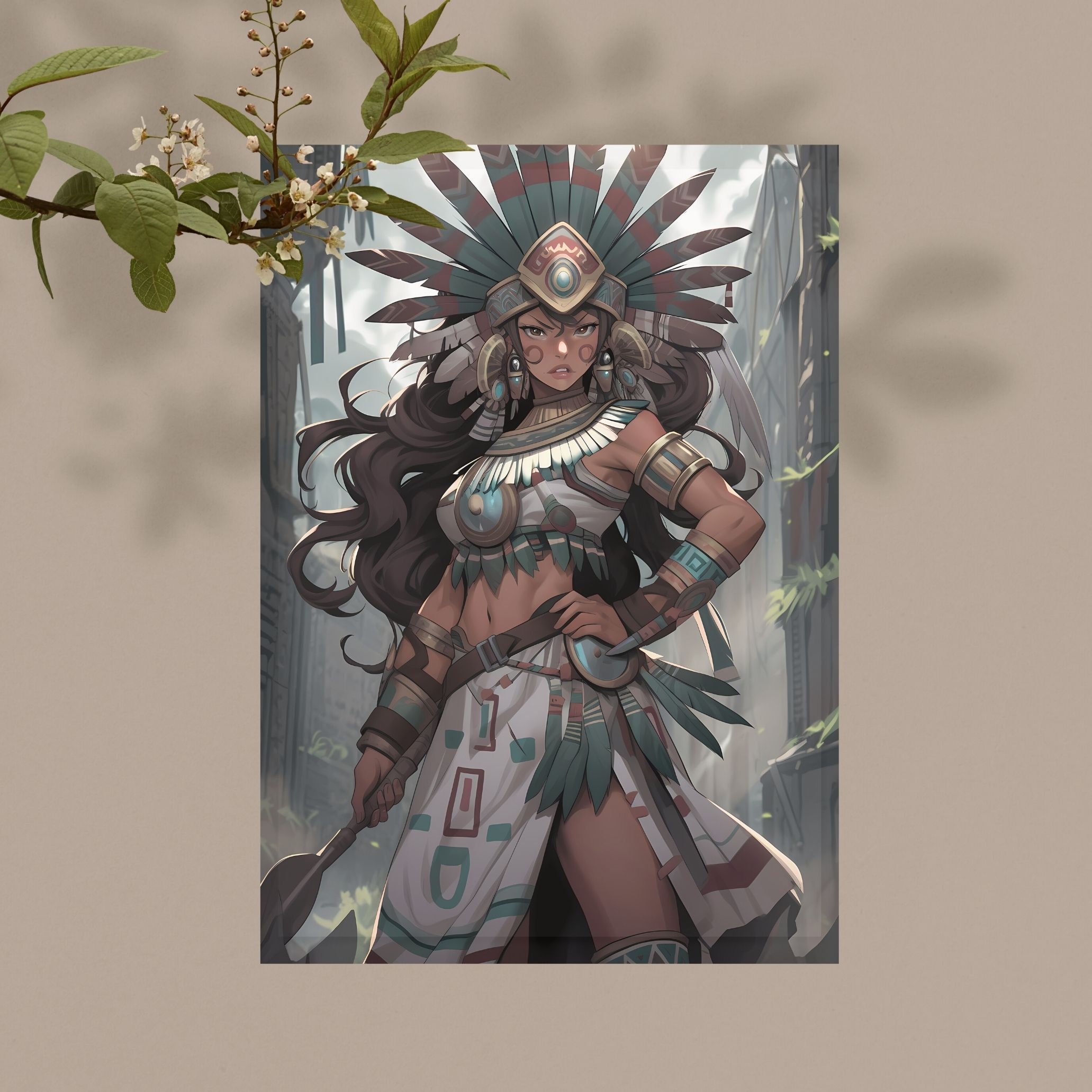 Aztec Warrior Woman Digital Artwork - Anime Art Style - Fierce Fighter ...