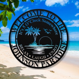 Metal Welcome Sign With Palm Trees – Custom Tropical Home Décor ...