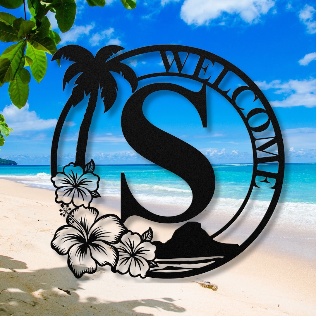 Tropical Flowers Palm Tree Welcome Metal Sign, Personalized Beach House ...