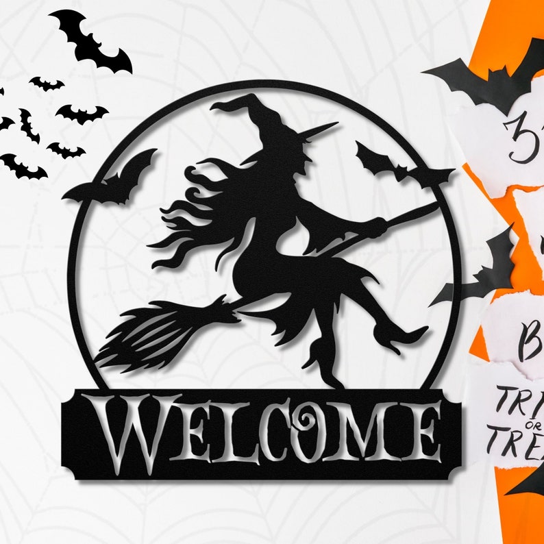 Flying Witch Halloween Welcome Metal Sign - Spooky Home Decor ...