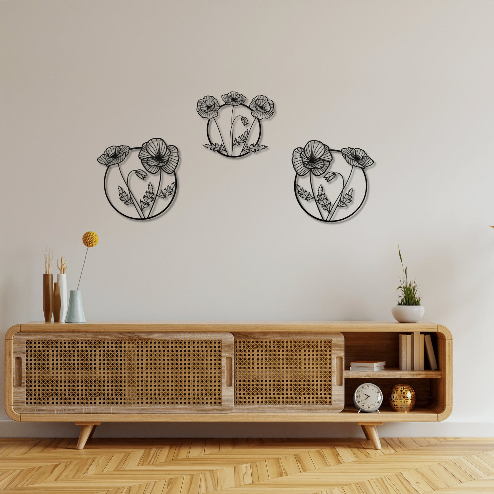 Poppy Flowers Metal Wall Art Set of 3 for Livingroom, Bedroom, Abobe ...