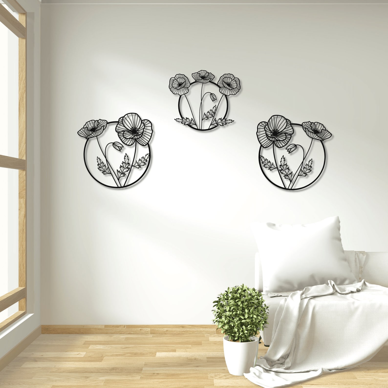 Poppy Flowers Metal Wall Art Set of 3 for Livingroom, Bedroom, Abobe ...