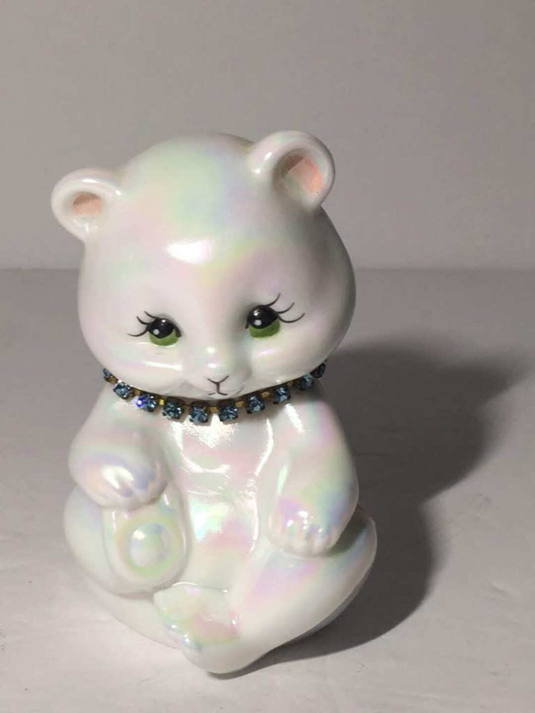 Fenton Teddy Bear Iridized Figurine Signed Hand Painted Blue Jewel ...