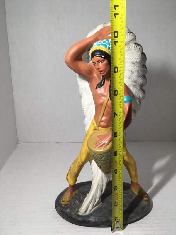 Vintage Indian Chief Drum Hand Painted Ceramic Chalkware Art Native ...