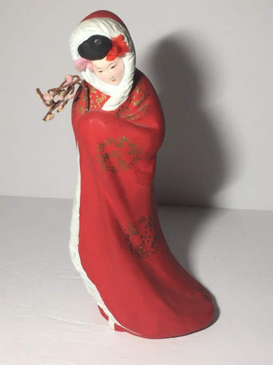 Japanese Geisha Girl Red Cloak White Trim Cherry Blossom Branch Ceramic ...