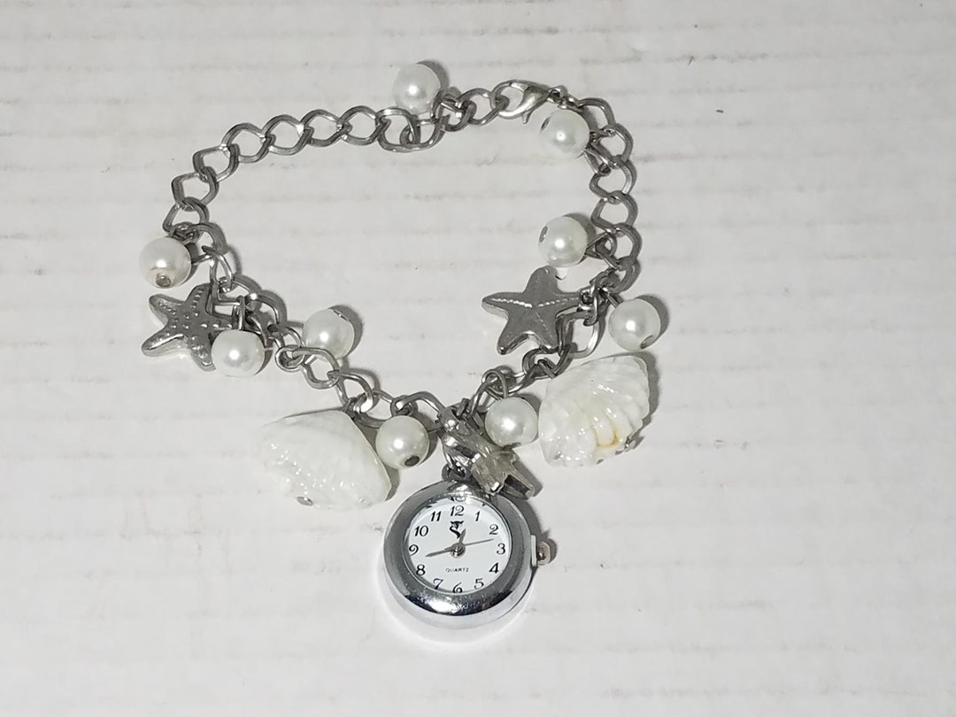 Seashell Theme Bracelet Watch Fake Pearls Plastic Shells Silver Color ...