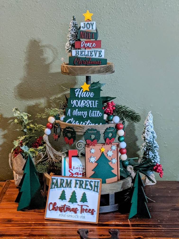 Christmas Tree Tiered Tray Holiday Tier Tray Set Rustic | Etsy