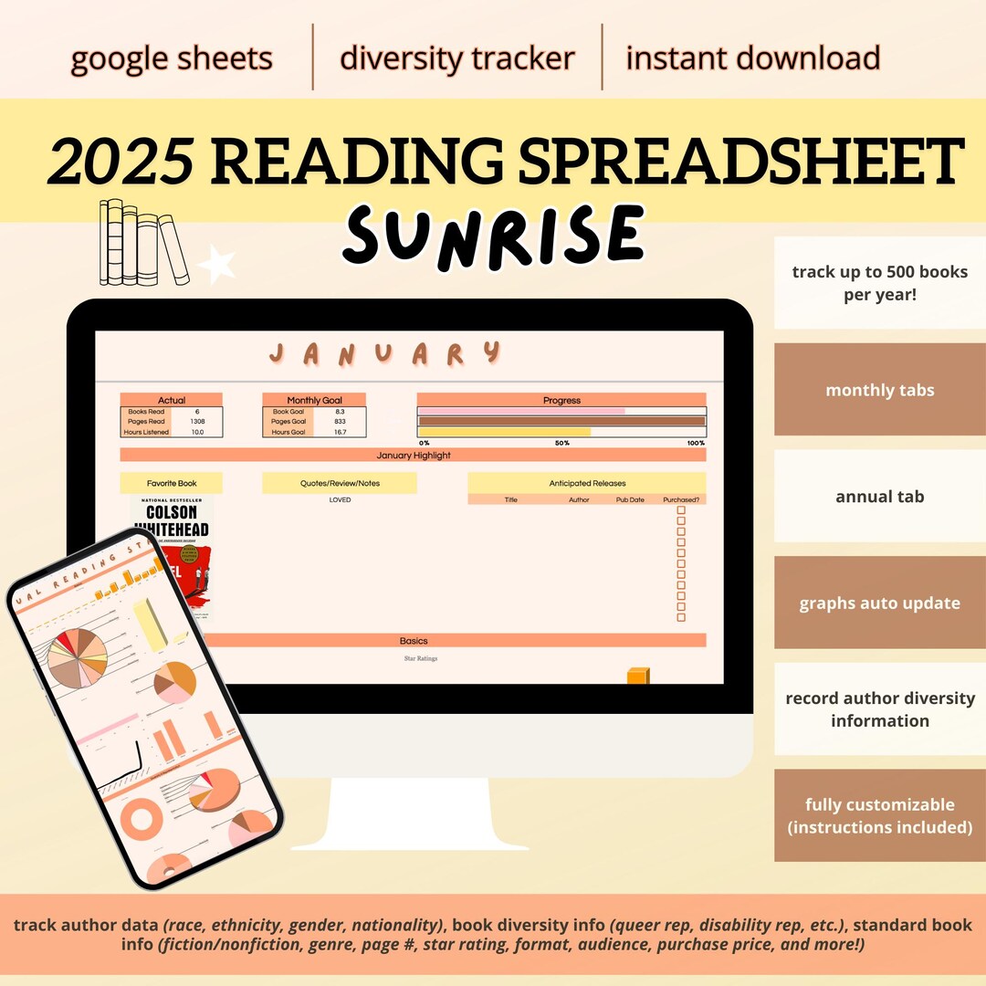 2025 Reading Log: Sunrise Diversity Tracker (google Sheets Digital ...