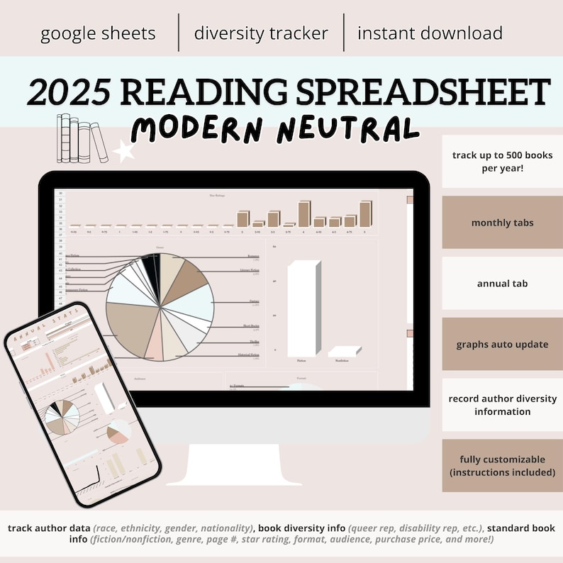 2025 Reading Log Google Sheet: Modern Neutral Diversity Tracker ...