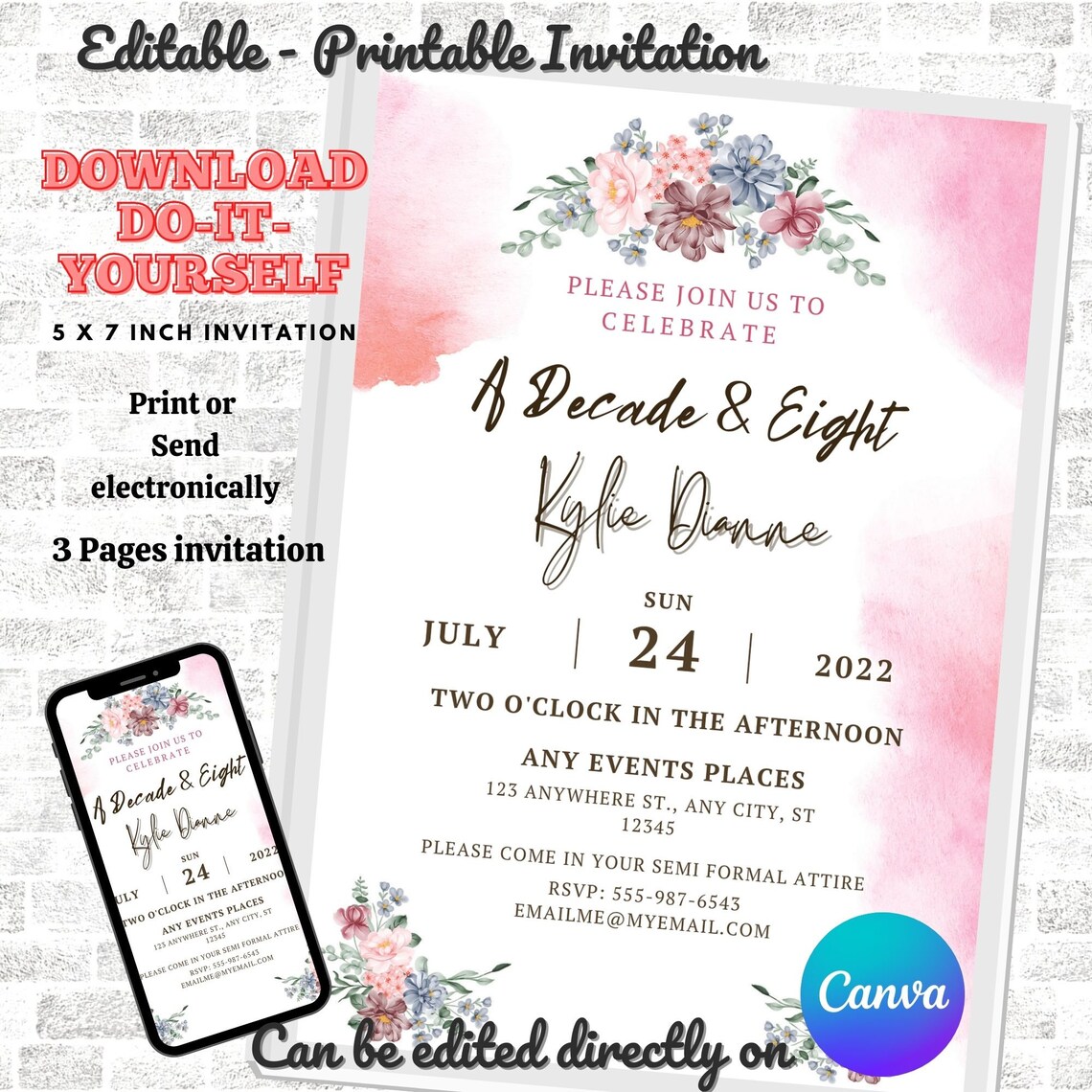 Personalized Floral Printable 18th Birthday Invitation Editable in ...