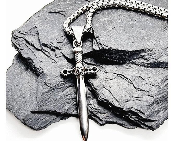 Sword Necklace, Sword Chain, Skull Sword, Gothic Jewelry, Stainless ...