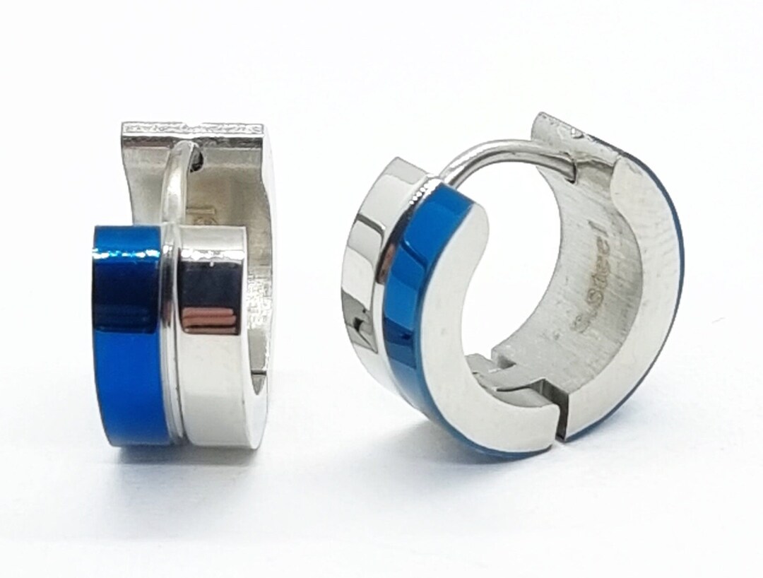 Men's Hoop Earrings,silver and Blue Stainless Steel Earrings,6mm Hoop ...