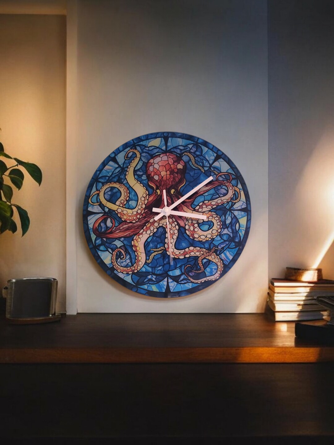 Octopus Faux Stained Glass Designed Glass Wall Clock, Wall Art - Etsy