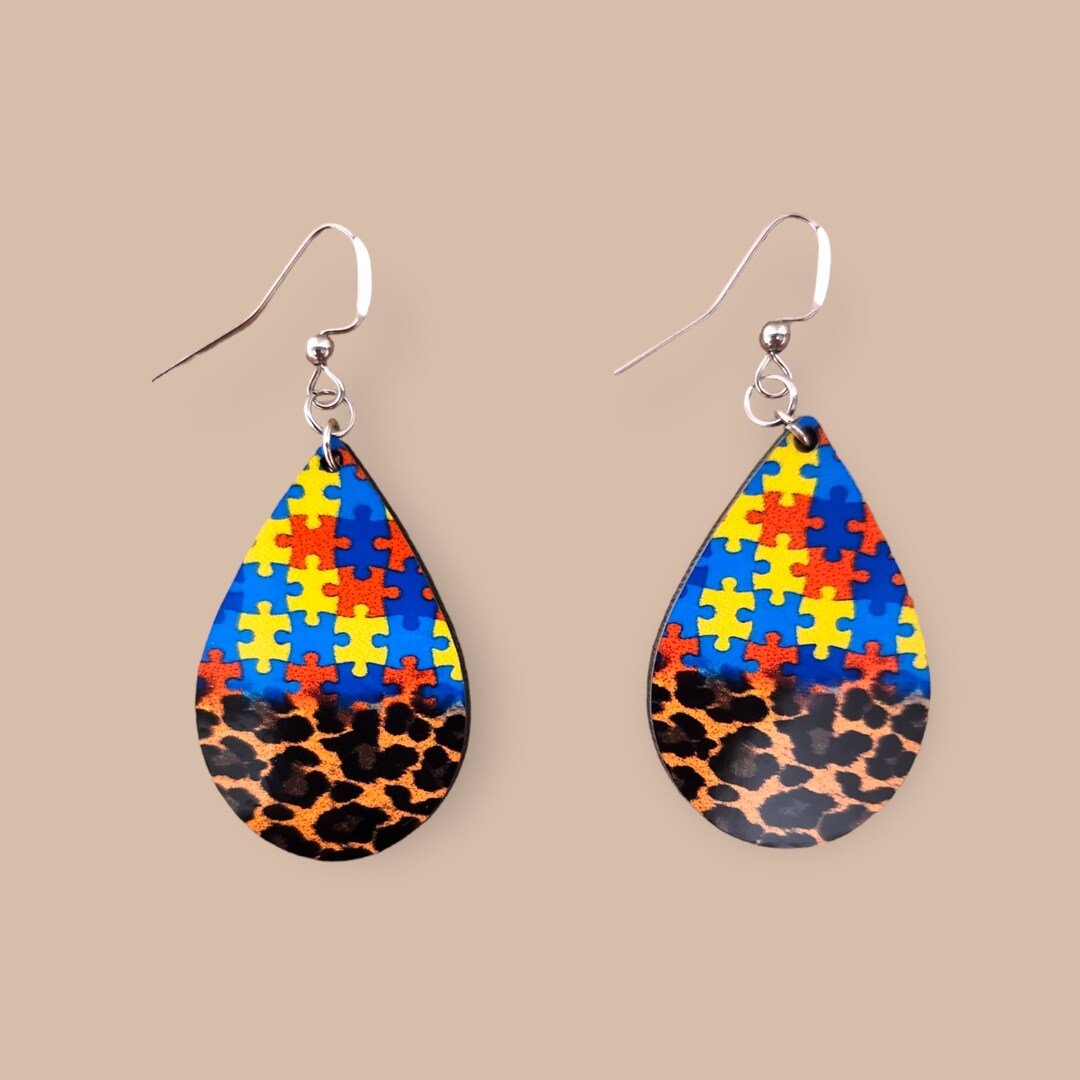 Cheetah and Autism Awareness Teardrop Earrings, Statement Earrings ...