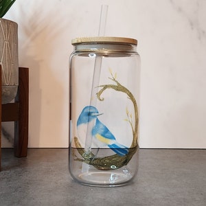 Beautiful Blue Robin Bird Glass Tumbler, Iced Coffee Tumbler, Iced ...