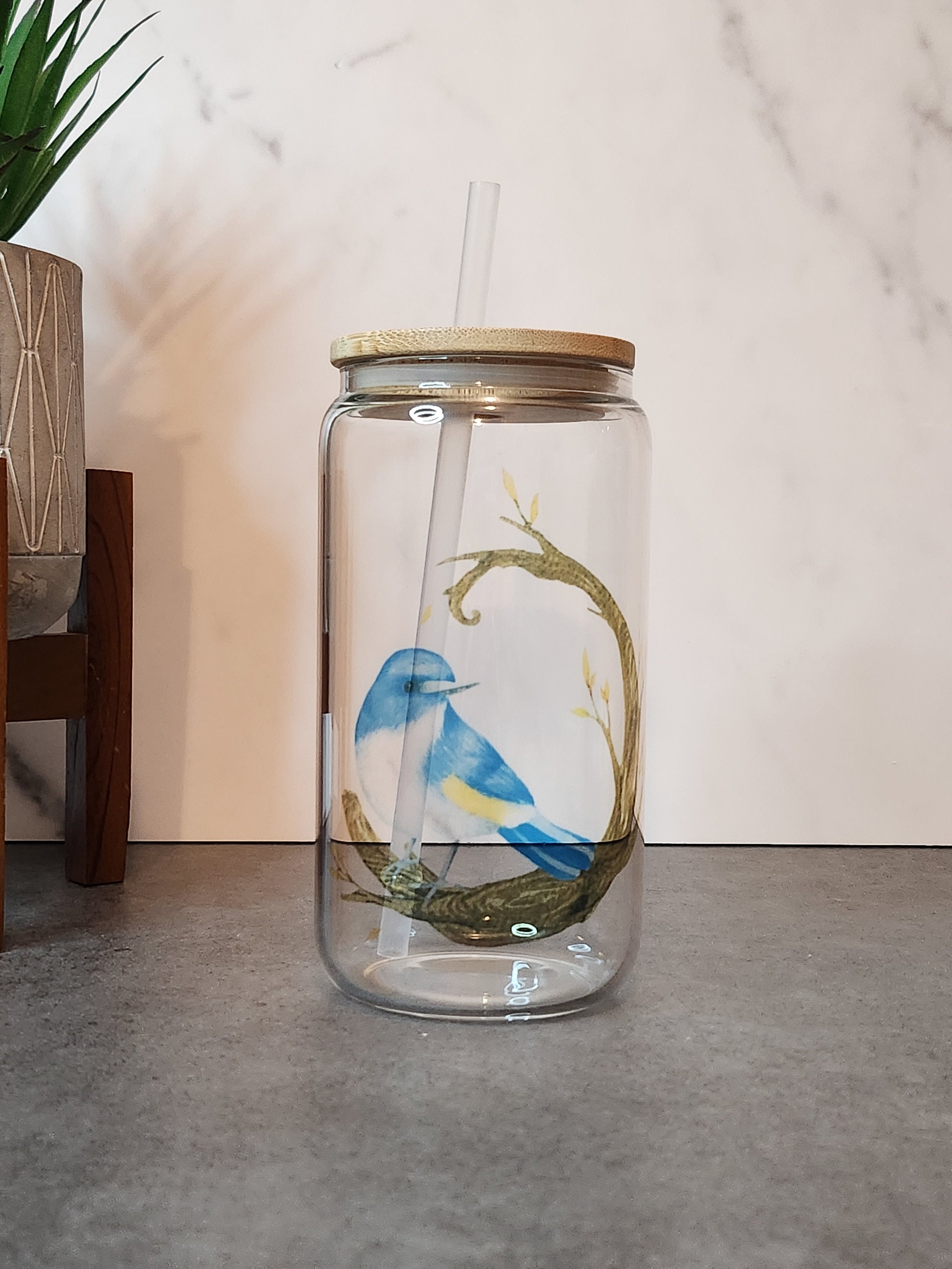 Beautiful Blue Robin Bird Glass Tumbler, Iced Coffee Tumbler, Iced ...