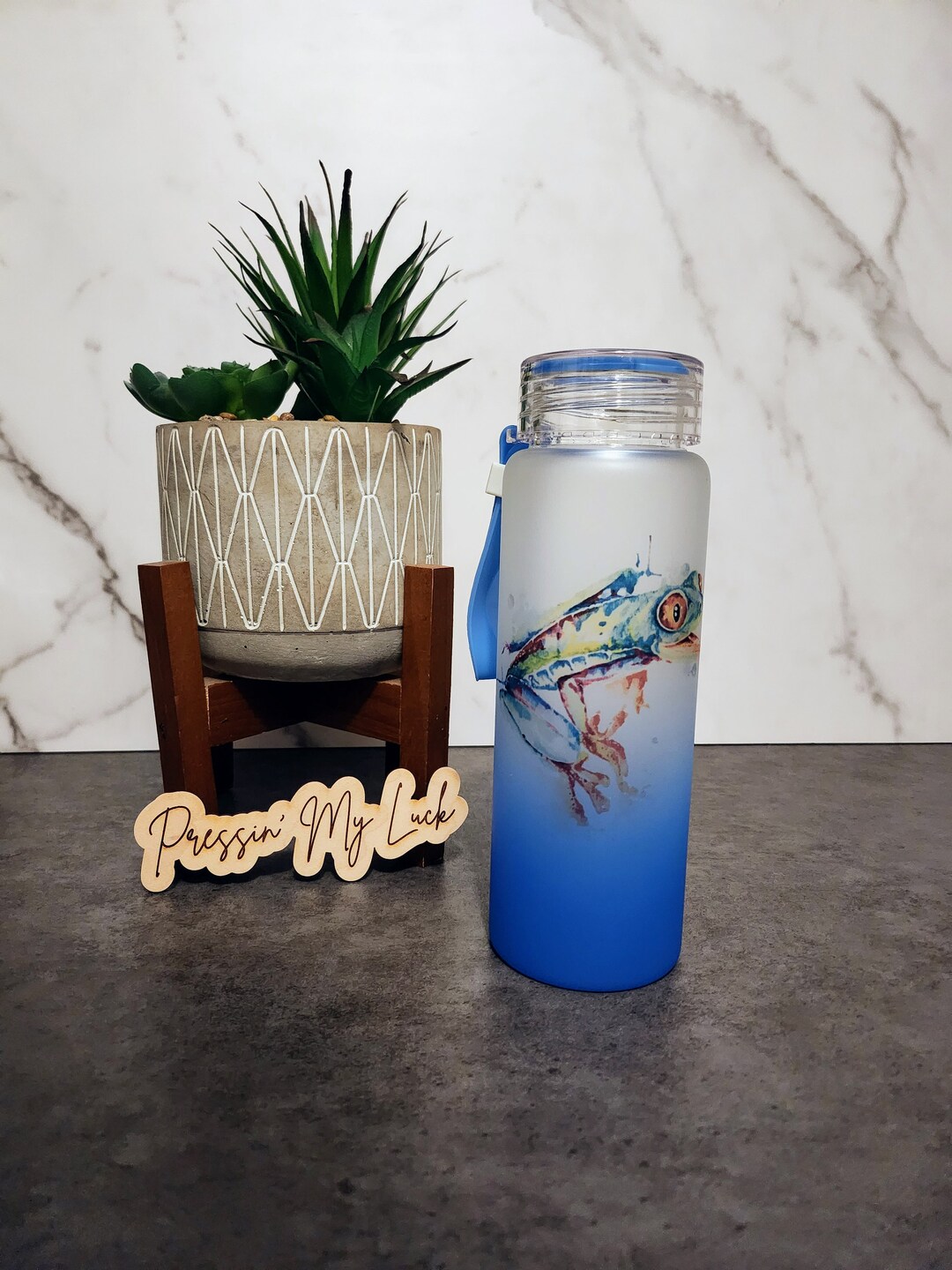 Frog Blue Ombrè Glass Water Bottle, Iced Coffee Tumbler, Iced Coffee ...