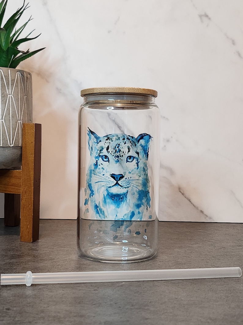 Beautiful Watercolor Snow Leopard Glass Tumbler, Iced Coffee Tumbler ...
