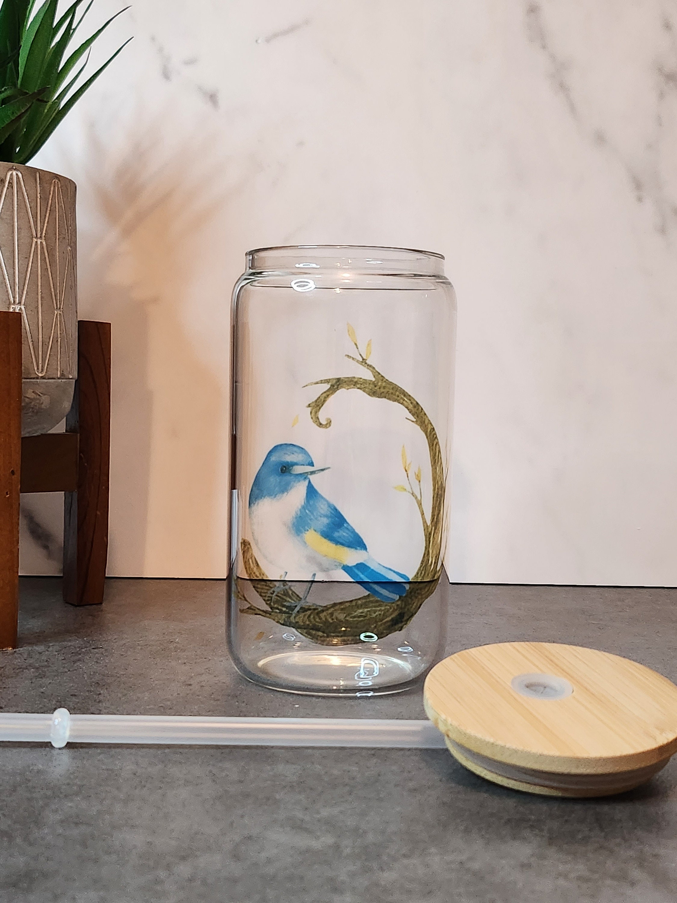 Beautiful Blue Robin Bird Glass Tumbler, Iced Coffee Tumbler, Iced ...