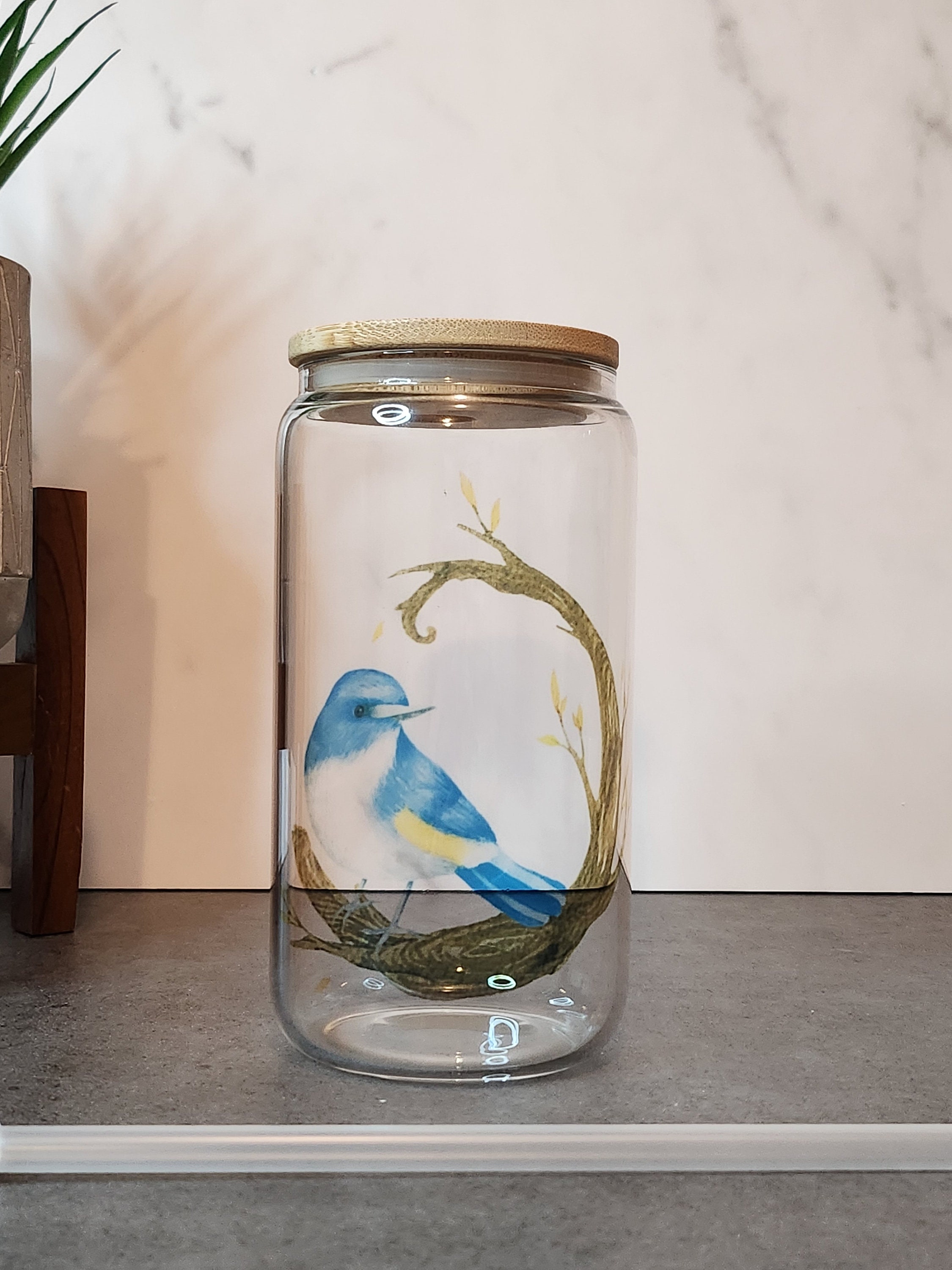 Beautiful Blue Robin Bird Glass Tumbler, Iced Coffee Tumbler, Iced ...