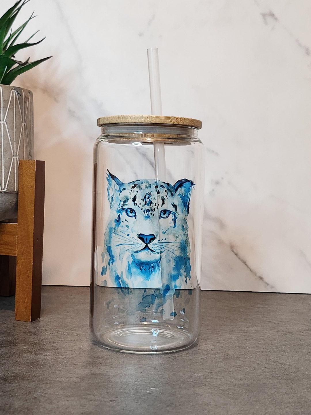 Beautiful Watercolor Snow Leopard Glass Tumbler, Iced Coffee Tumbler ...
