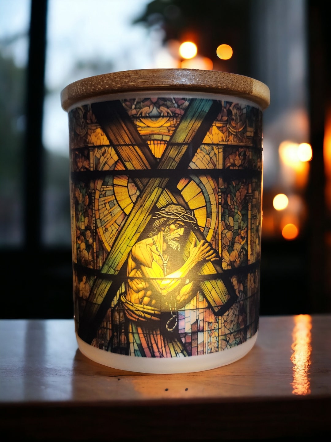 Jesus and His Cross Stained Glass Designed Battery Operated Tea Light ...