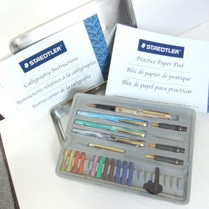 Rare Staedtler Calligraphy Set in Case 4 Pens, 5 Nibs, Some Inks, Pad ...