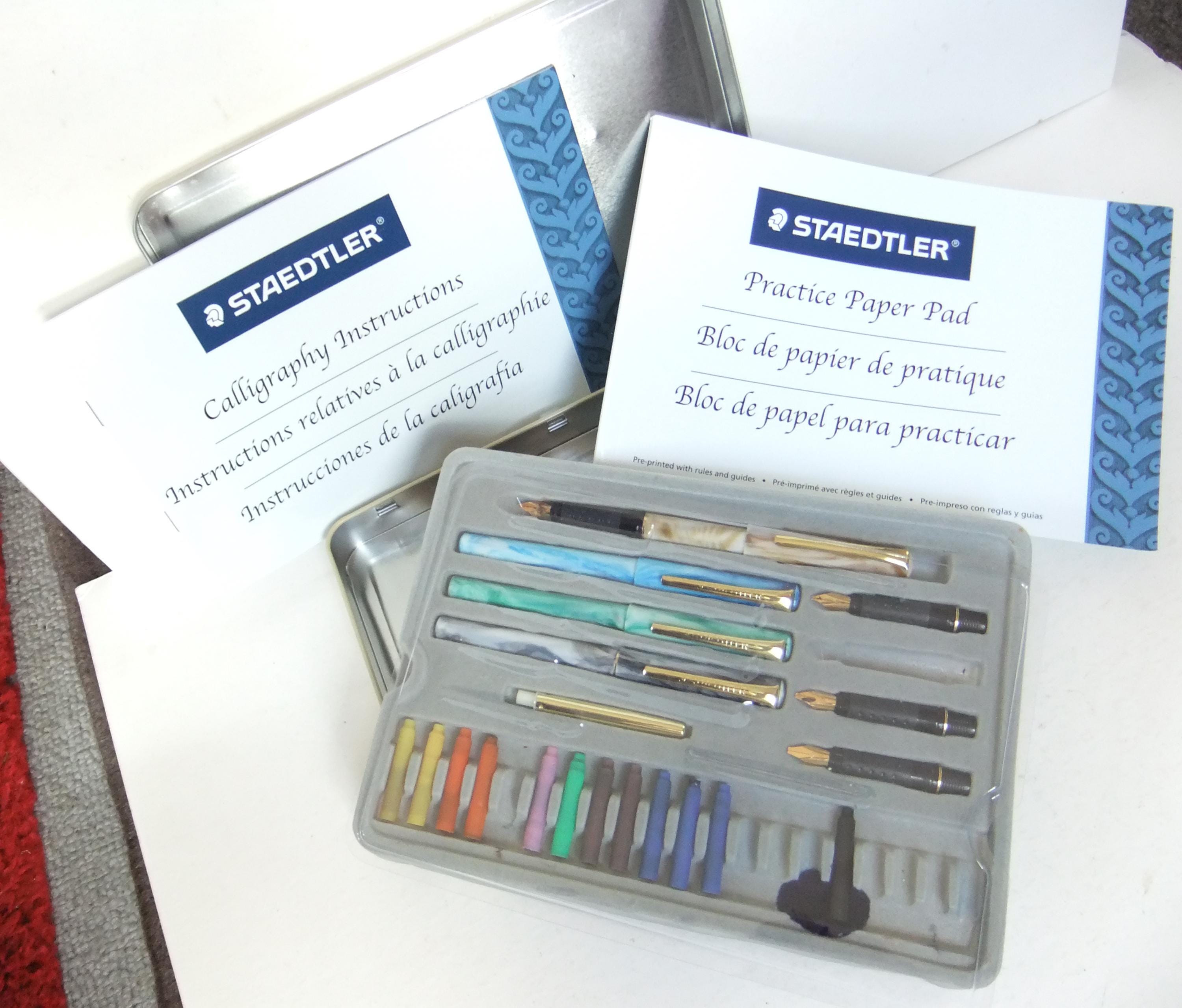 Rare Staedtler Calligraphy Set in Case 4 Pens, 5 Nibs, Some Inks, Pad ...