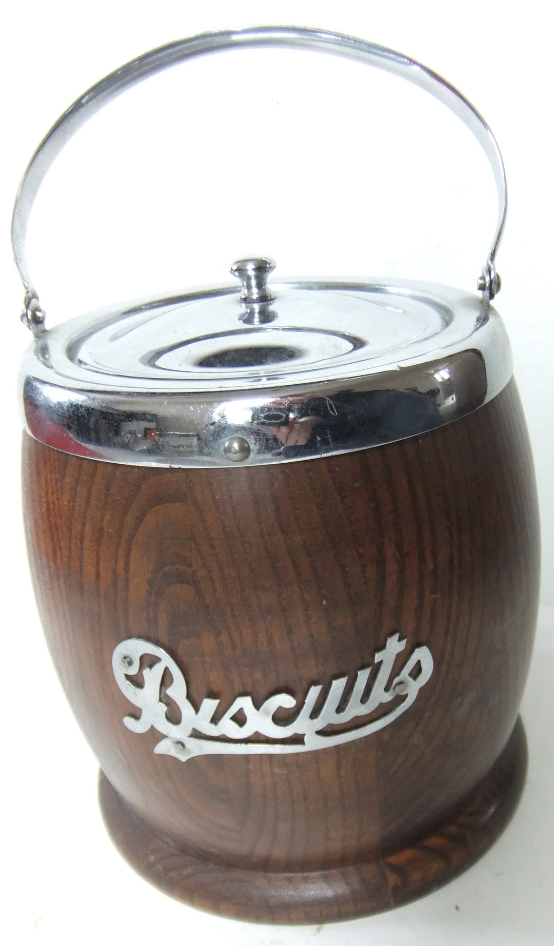 Rare, Antique Wooden Biscuit Barrel With Ceramic Interior and Chrome ...