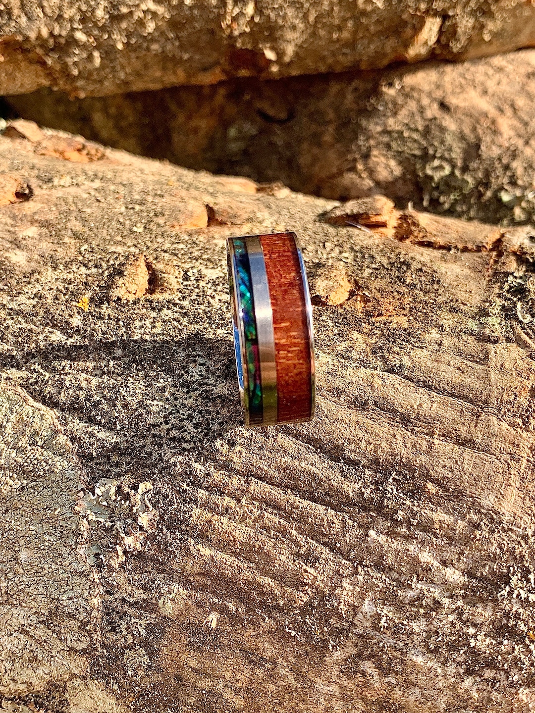 Silver Ring With Sapele Wood Inlay and Abalone Shell , Ring for Men ...
