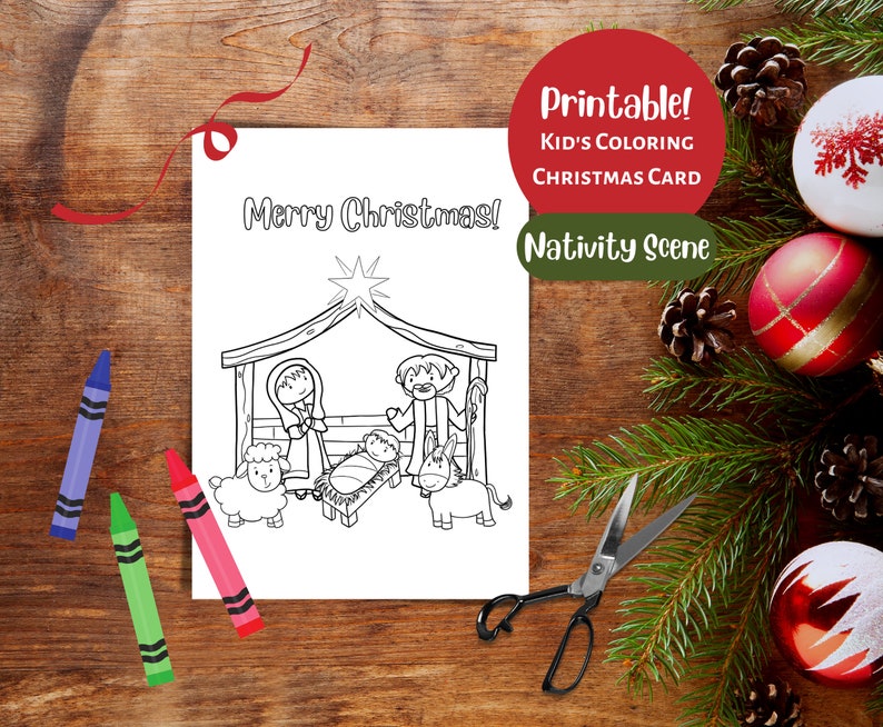 Kid's Coloring Nativity Scene Christmas Card, Printable Color in ...