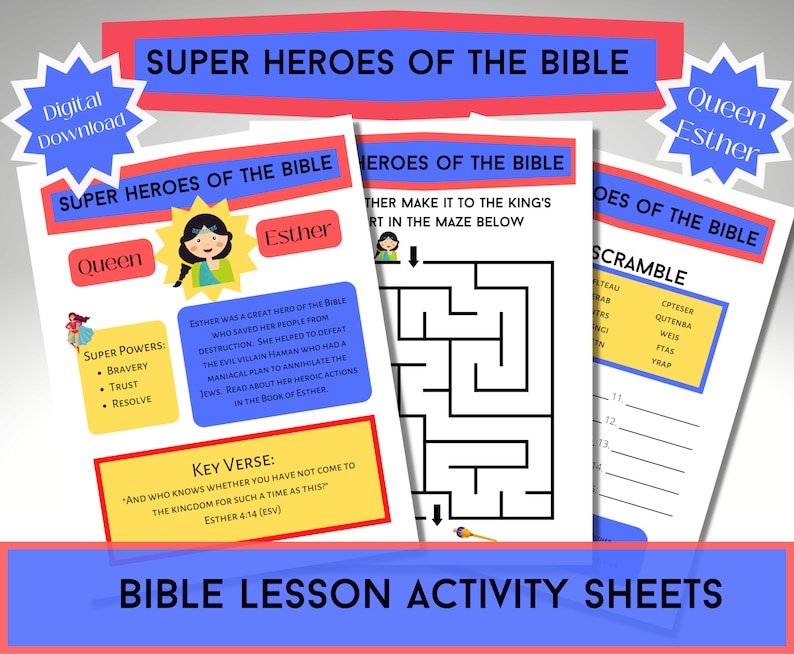Esther Bible Lesson Activity Sheets, Sunday School Games (digital ...