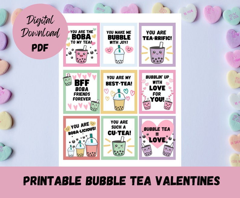 Bubble Tea Valentines Day Printable Cards, Boba Tea Cute Instant ...