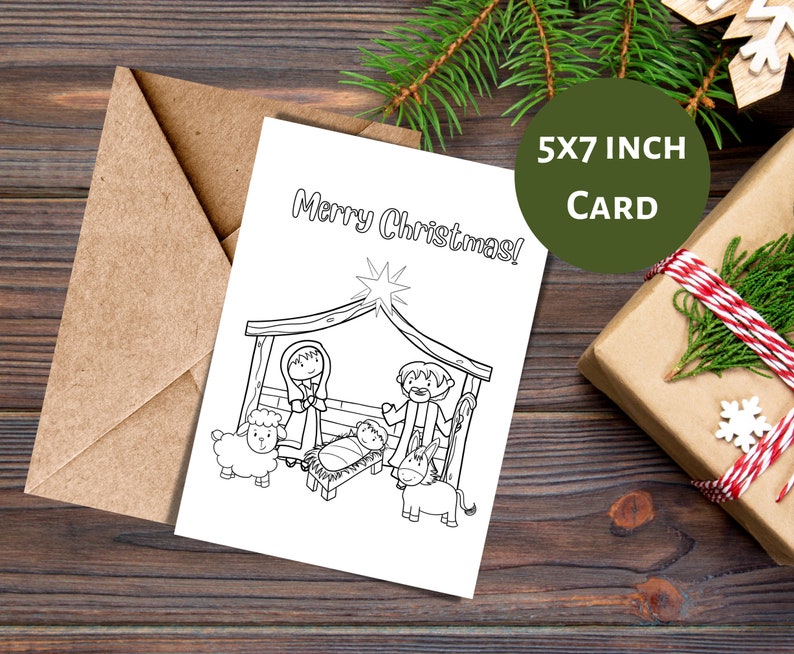 Kid's Coloring Nativity Scene Christmas Card, Printable Color in ...