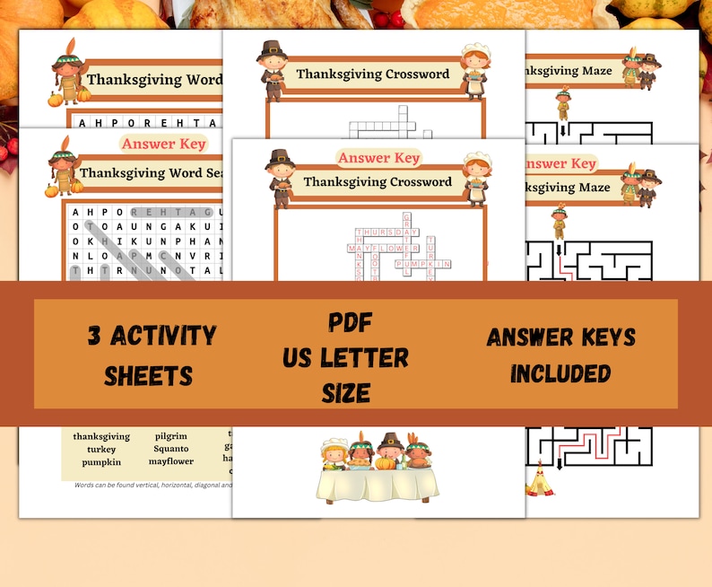 Thanksgiving Activity Sheets, Kids Puzzles & Games (digital Download ...