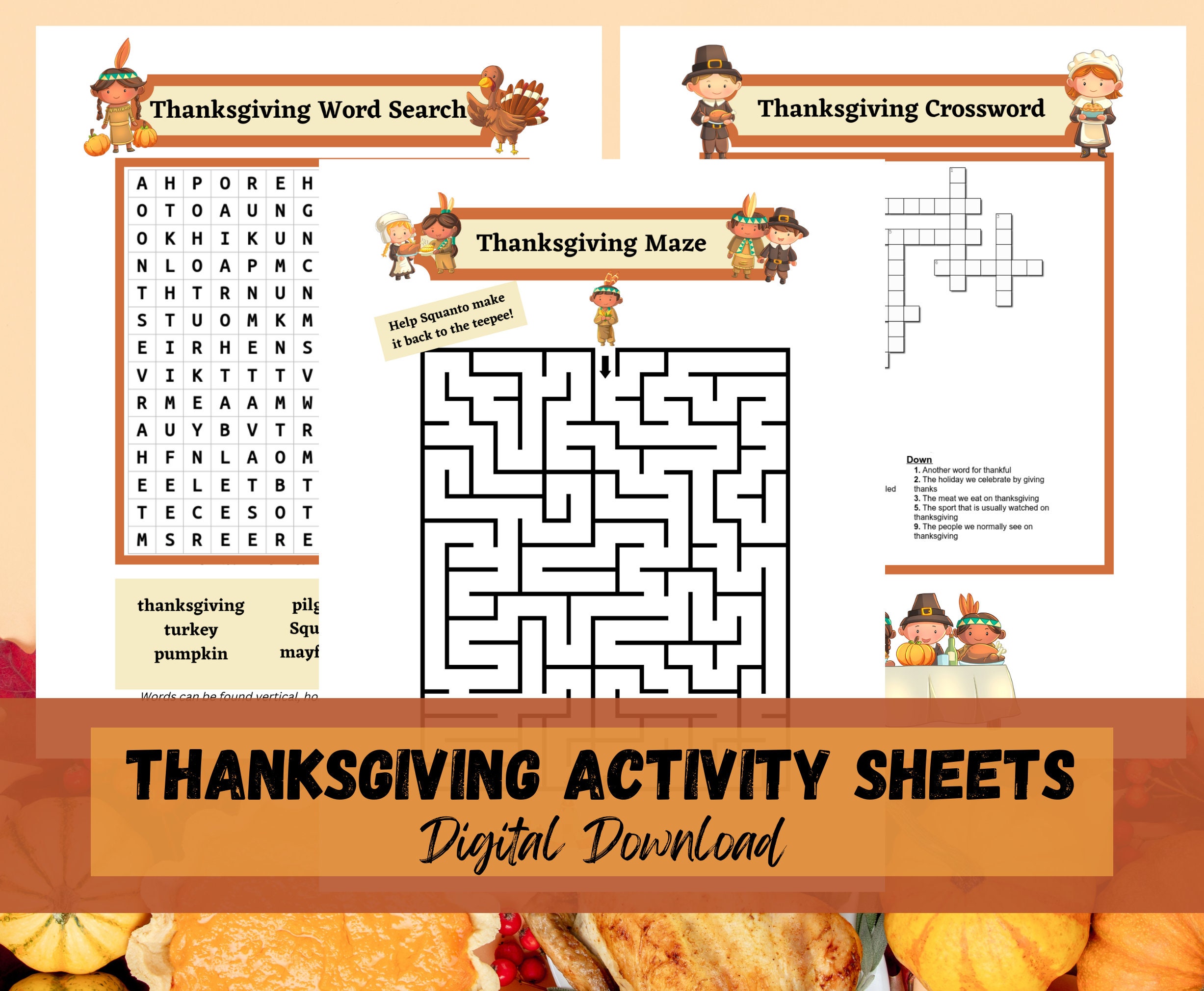 Thanksgiving Activity Sheets, Kids Puzzles & Games (digital Download ...