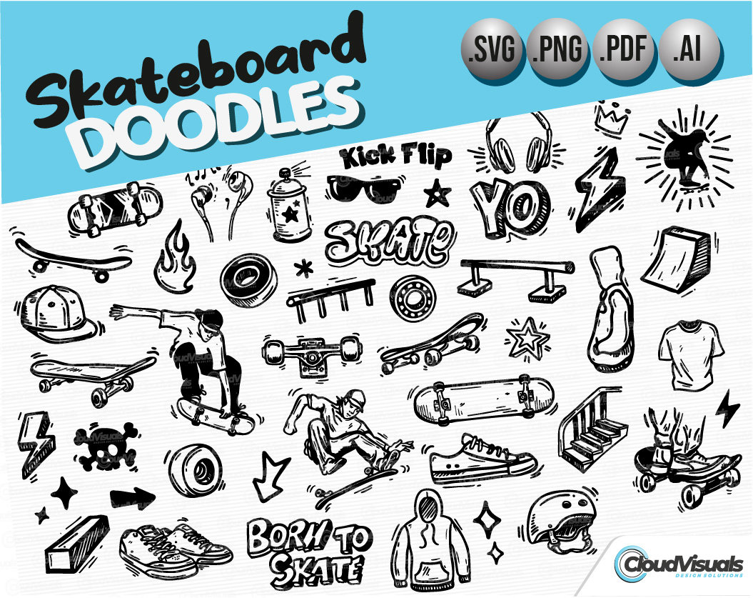 SKATEBOARD DOODLES, Doodle Vector Art. Hand Drawn Doodle Clipart ...