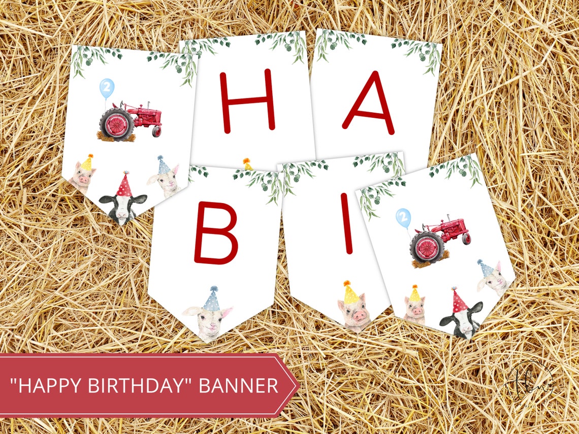 Farm Animals Birthday Banner: Barnyard Tractor Party, Printable Pennant ...