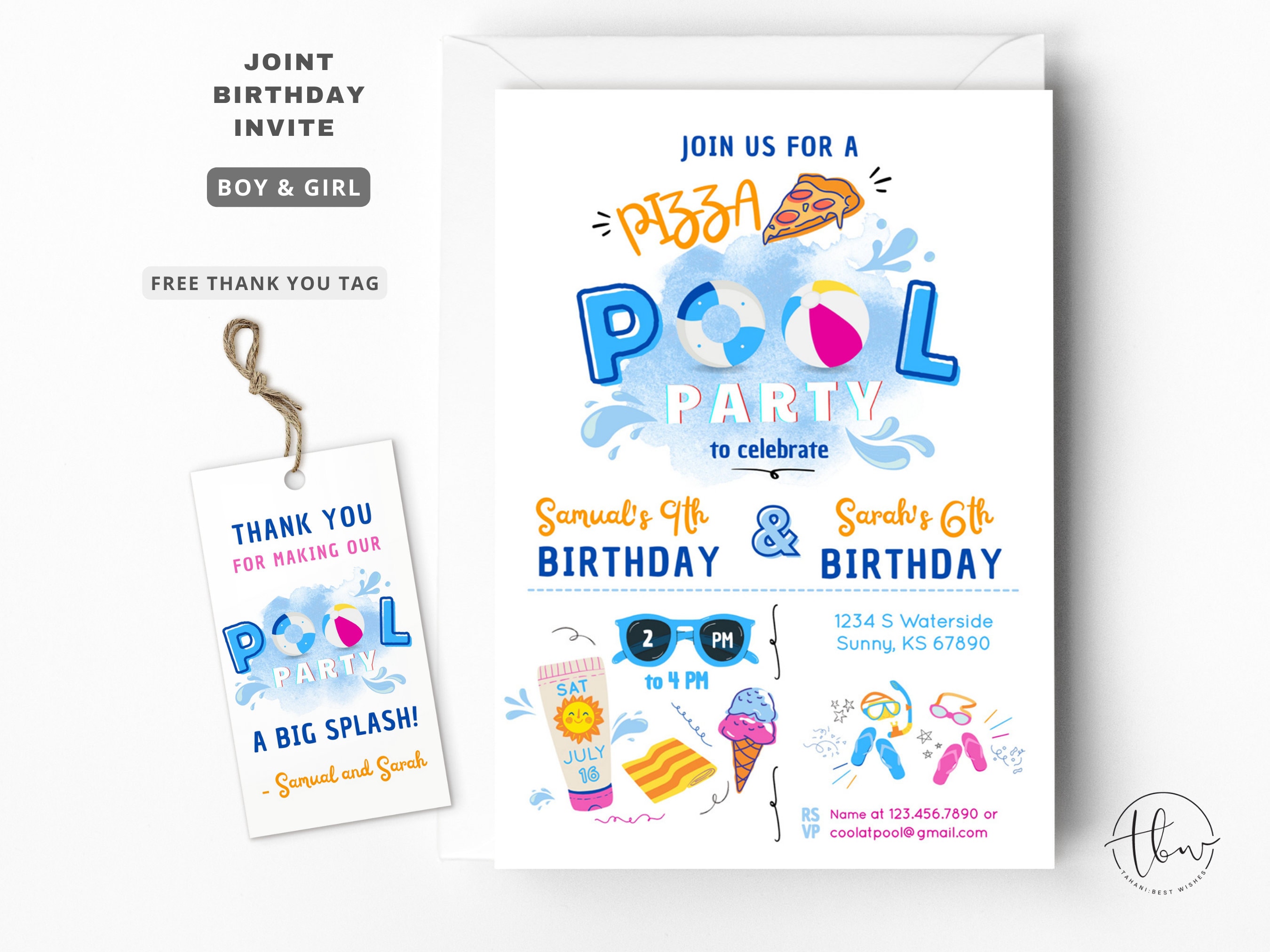 Pizza Pool Party Invitation, Joint Birthday Invite, Siblings Invitation ...