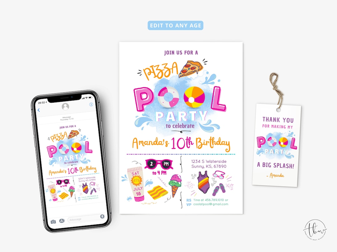 Pizza Pool Party Invitation, Pool Party Invitation, Pizza and Pool ...