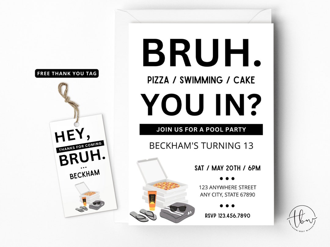 Bruh Birthday Invitation, Pool Party Invitation, 13th Birthday ...