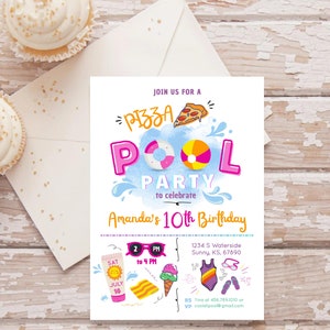 Pizza Pool Party Invitation, Pool Party Invitation, Pizza and Pool ...