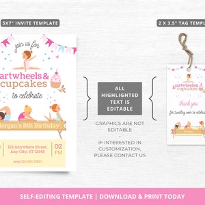Gymnastics Birthday Invitation, Gymnastics Party Invite, Cupcakes and ...