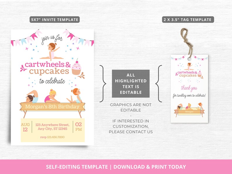 Gymnastics Birthday Invitation, Gymnastics Party Invite, Cupcakes and ...