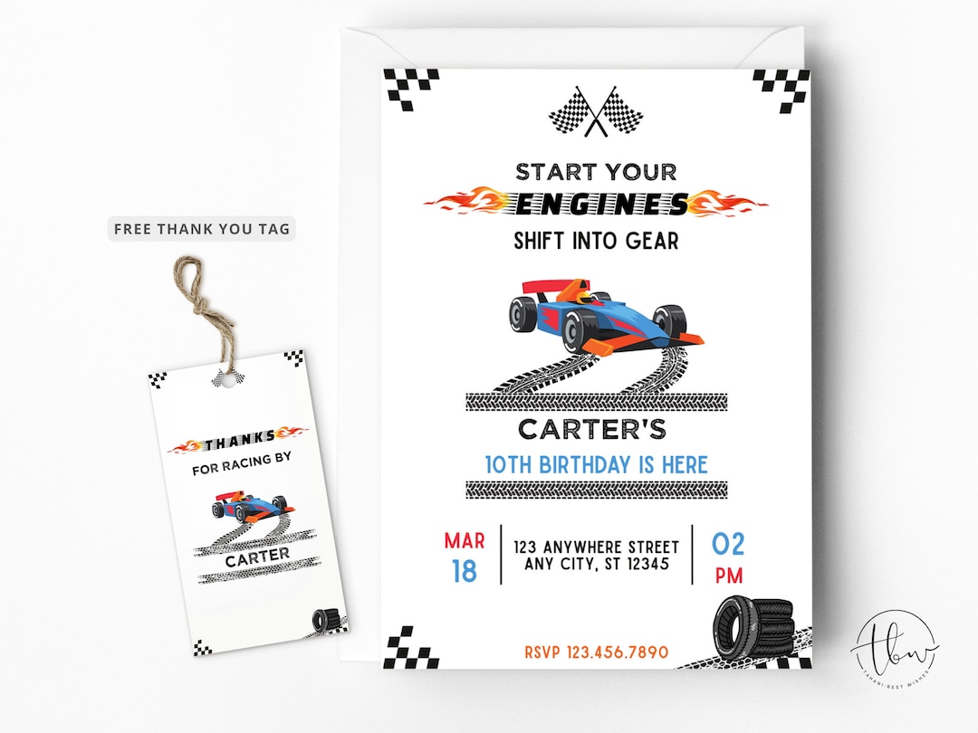 Race Car Invitation, Racing Car Invite, Race on Over, Race Car Birthday ...