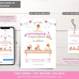 Gymnastics Birthday Invitation, Gymnastics Party Invite, Cupcakes and ...