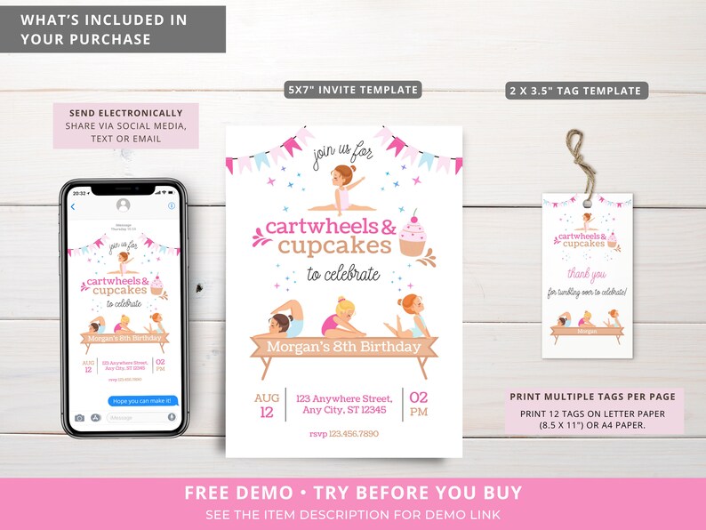 Gymnastics Birthday Invitation, Gymnastics Party Invite, Cupcakes and ...