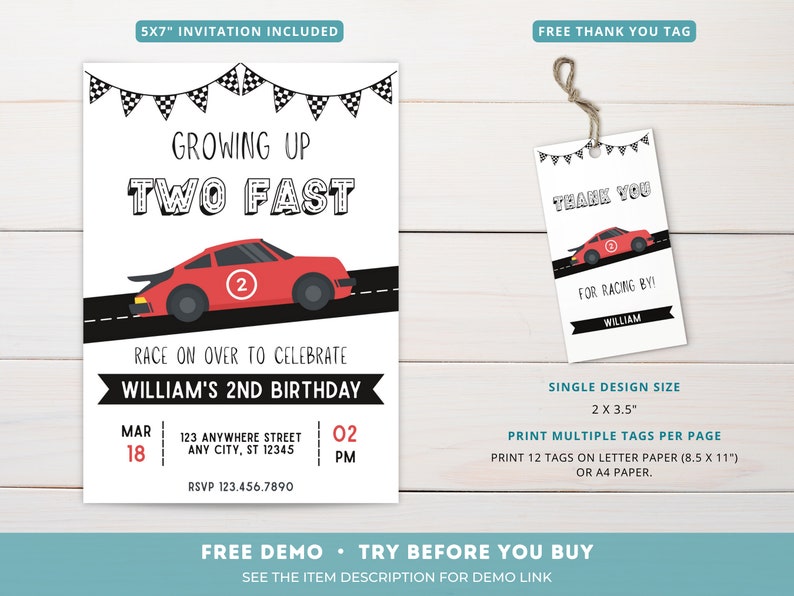 Editable Race Car Birthday Invitation, Growing up Two Fast Invitation ...